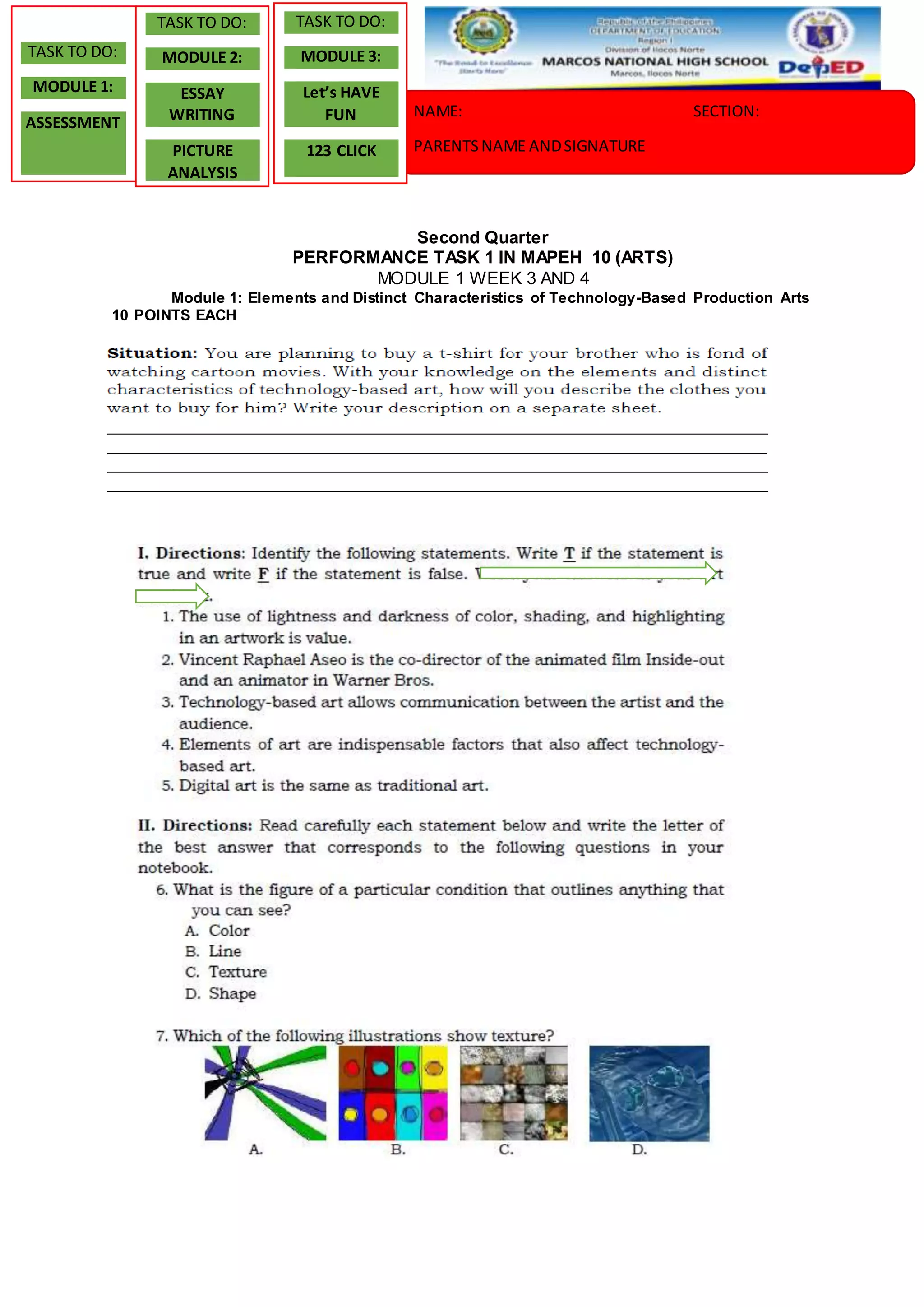 G10 mapeh week 7 and 8 performance task 1st quarter copy copy | DOCX ...