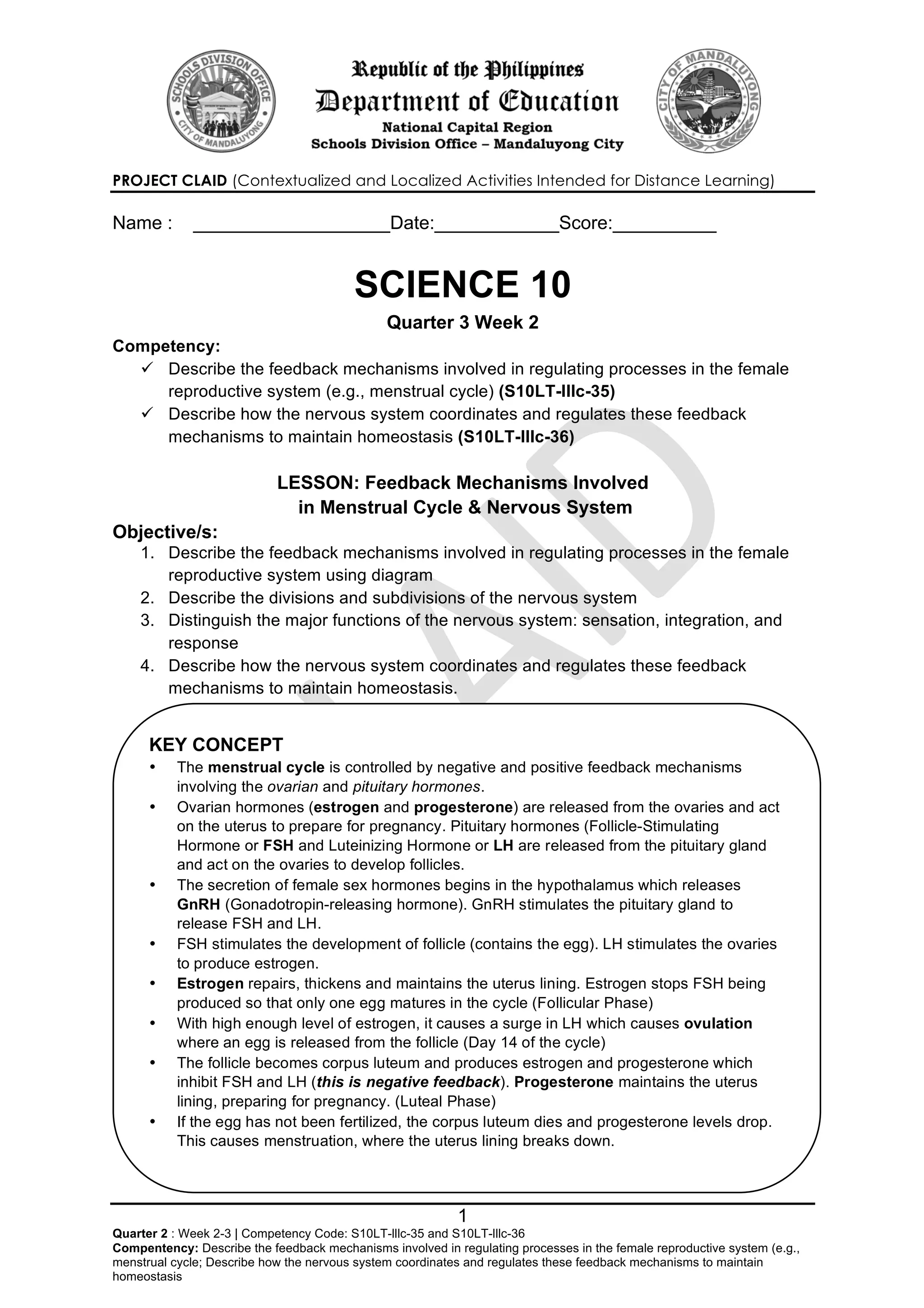 G10 q3 w2_menstrual-cycle-and-nervous-system-1_removed | PDF