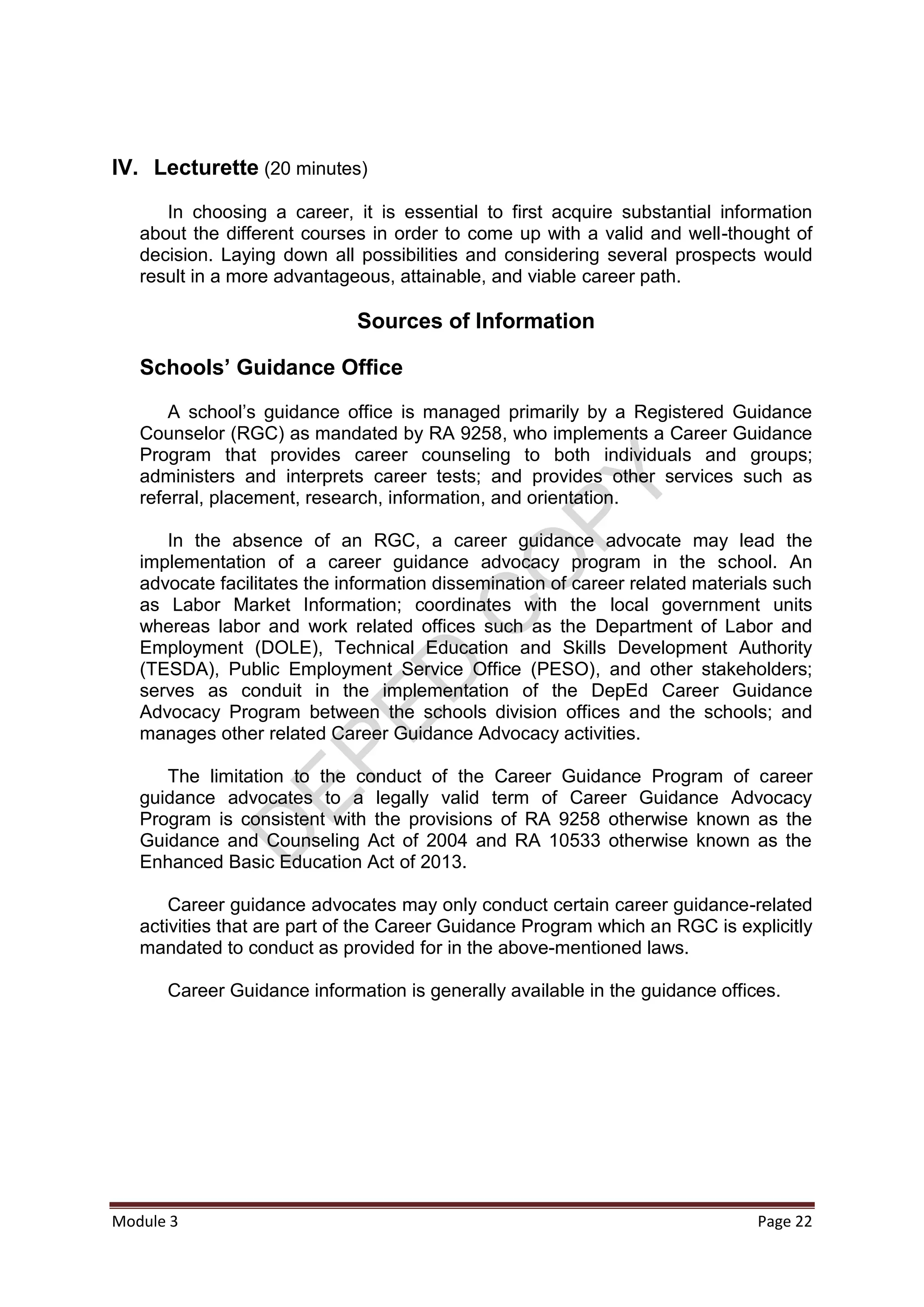 G11 career guidance manual for teachers | PDF