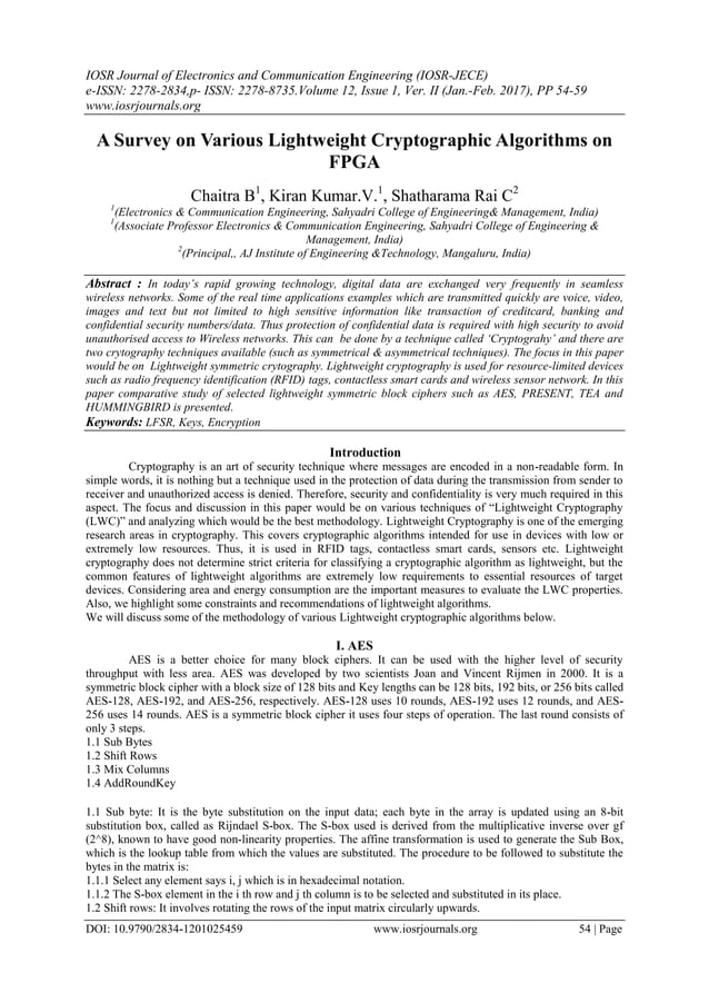 A Survey On Various Lightweight Cryptographic Algorithms On Fpga Pdf