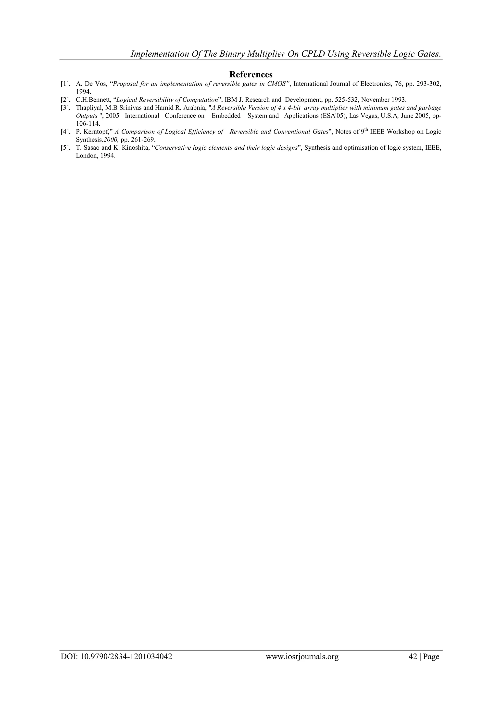 Implementation Of The Binary Multiplier On Cpld Using Reversible Logic Gates Pdf