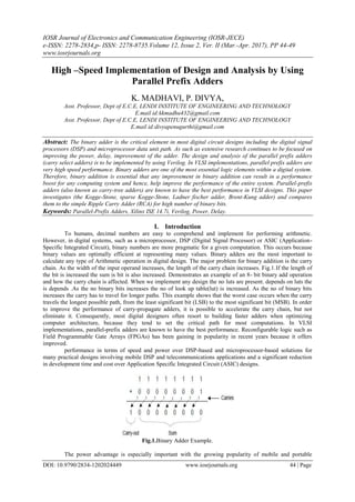 High –Speed Implementation of Design and Analysis by Using Parallel Prefix Adders | PDF