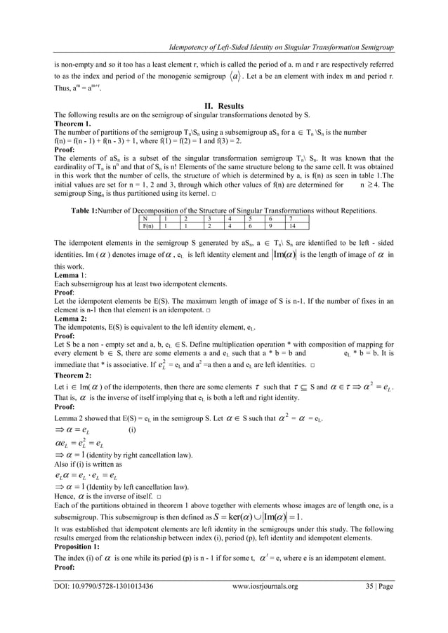 Idempotency of Left-Sided Identity on Singular Transformation Semigroup | PDF