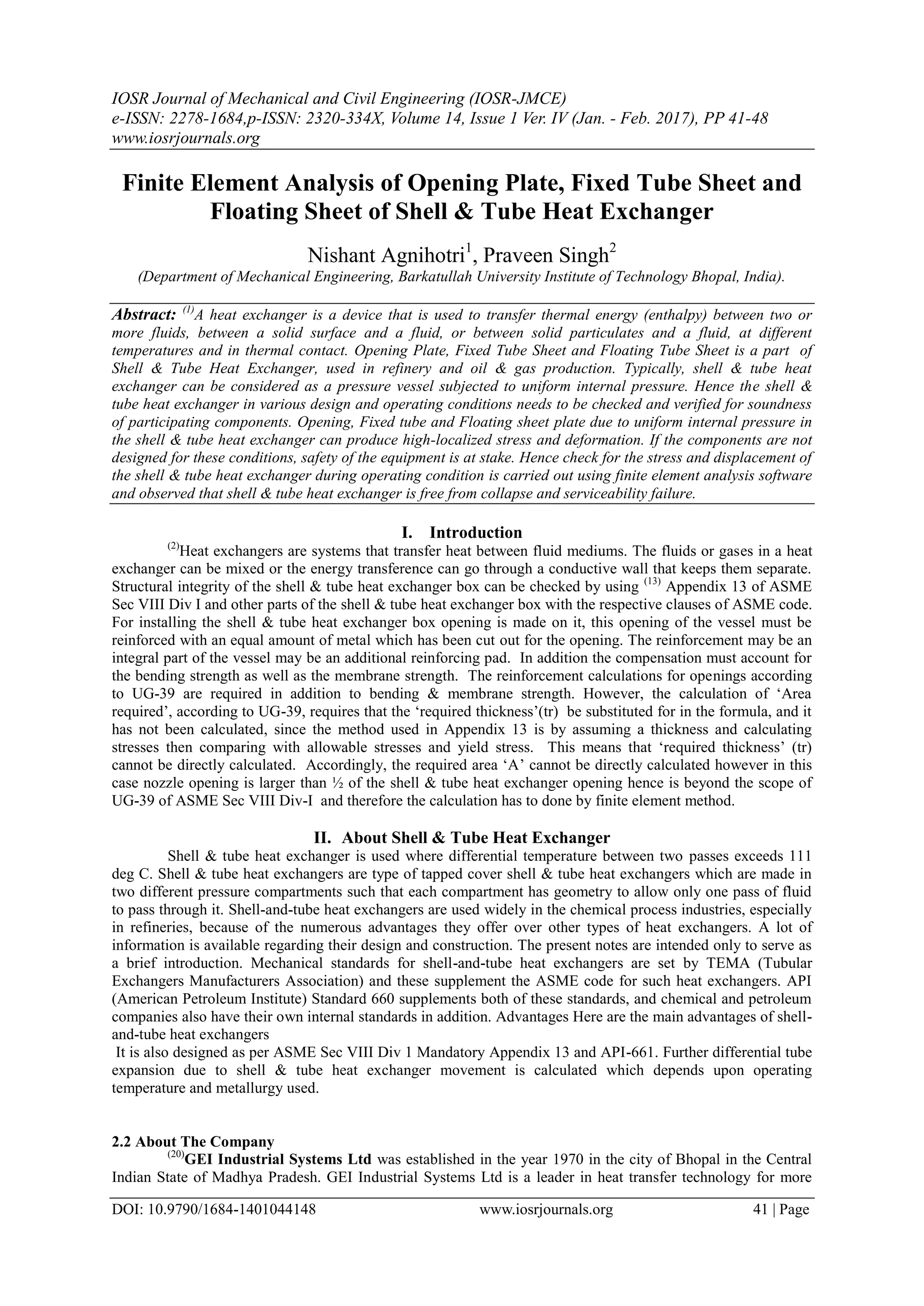 Finite Element Analysis of Opening Plate, Fixed Tube Sheet and Floating Sheet of Shell & Tube ...