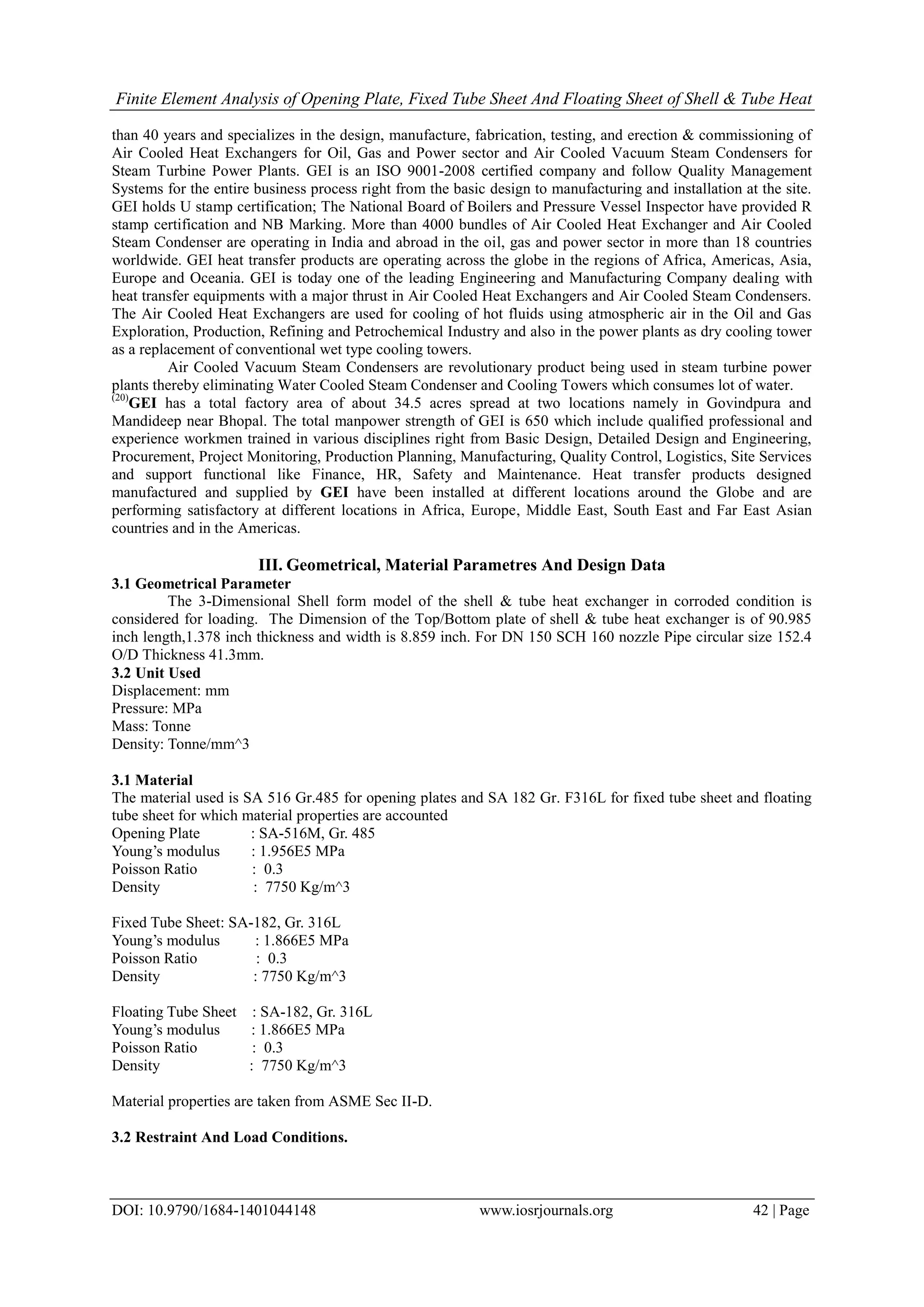 Finite Element Analysis of Opening Plate, Fixed Tube Sheet and Floating Sheet of Shell & Tube ...