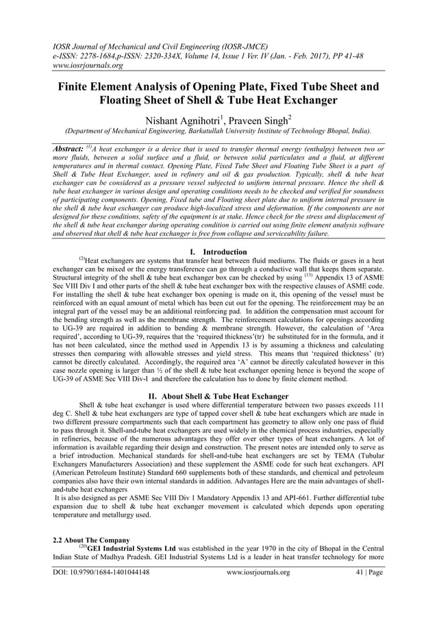 Finite Element Analysis of Opening Plate, Fixed Tube Sheet and Floating Sheet of Shell & Tube ...