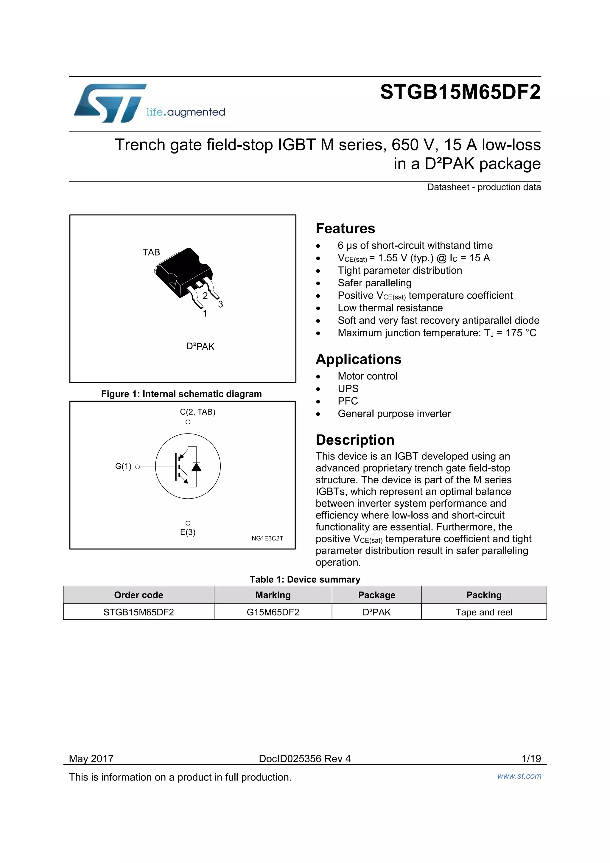 Original IGBT G15M65DF2 STGF15M65DF2 G15M65 650V 15A TO-220 New ST | PDF