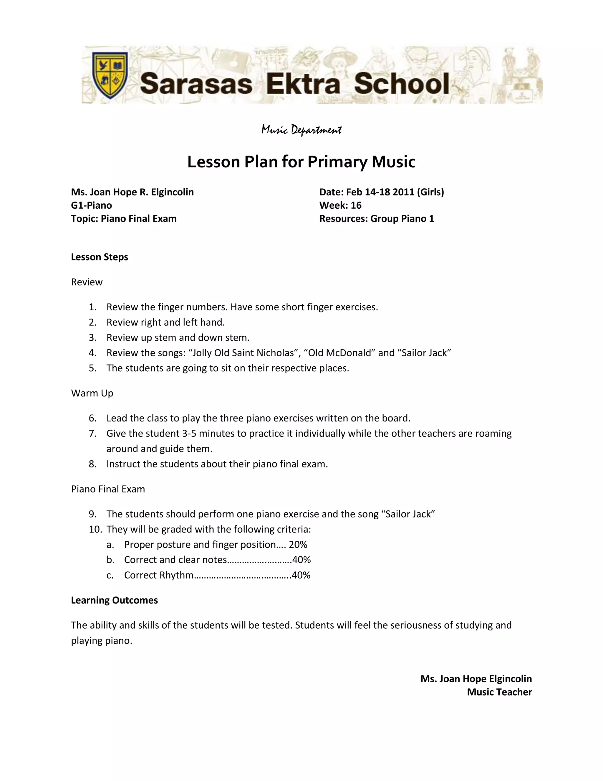 Grade 1 Music Lesson Plan Wk 1-16 | DOCX | Music | Entertainment