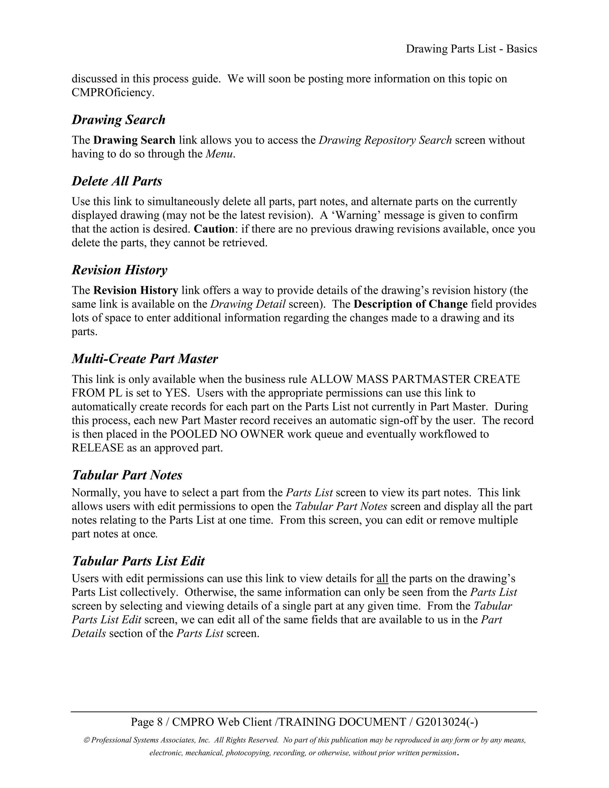 CMPRO Process Guide: Drawing Parts List - Basics | PDF