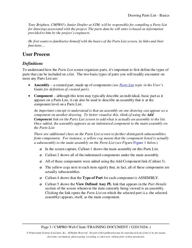 CMPRO Process Guide: Drawing Parts List - Basics