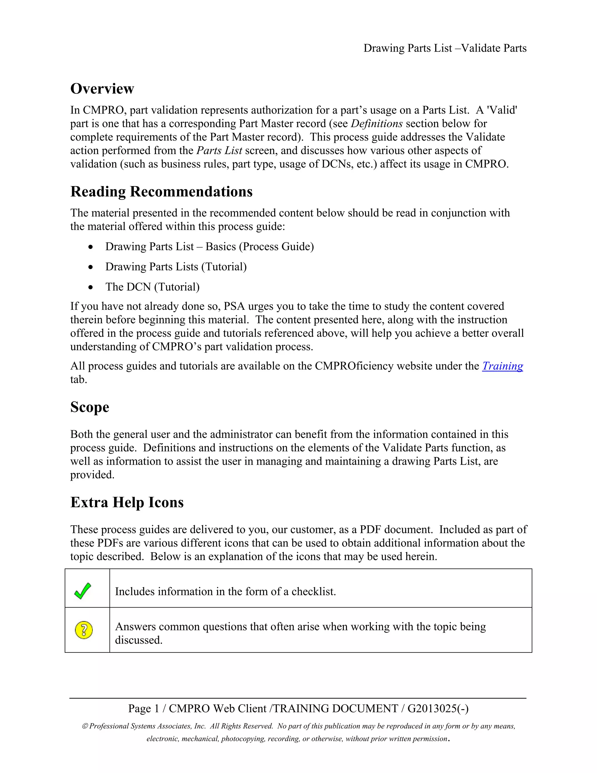 CMPRO Process Guide: Drawing Parts List – Validate Parts | PDF