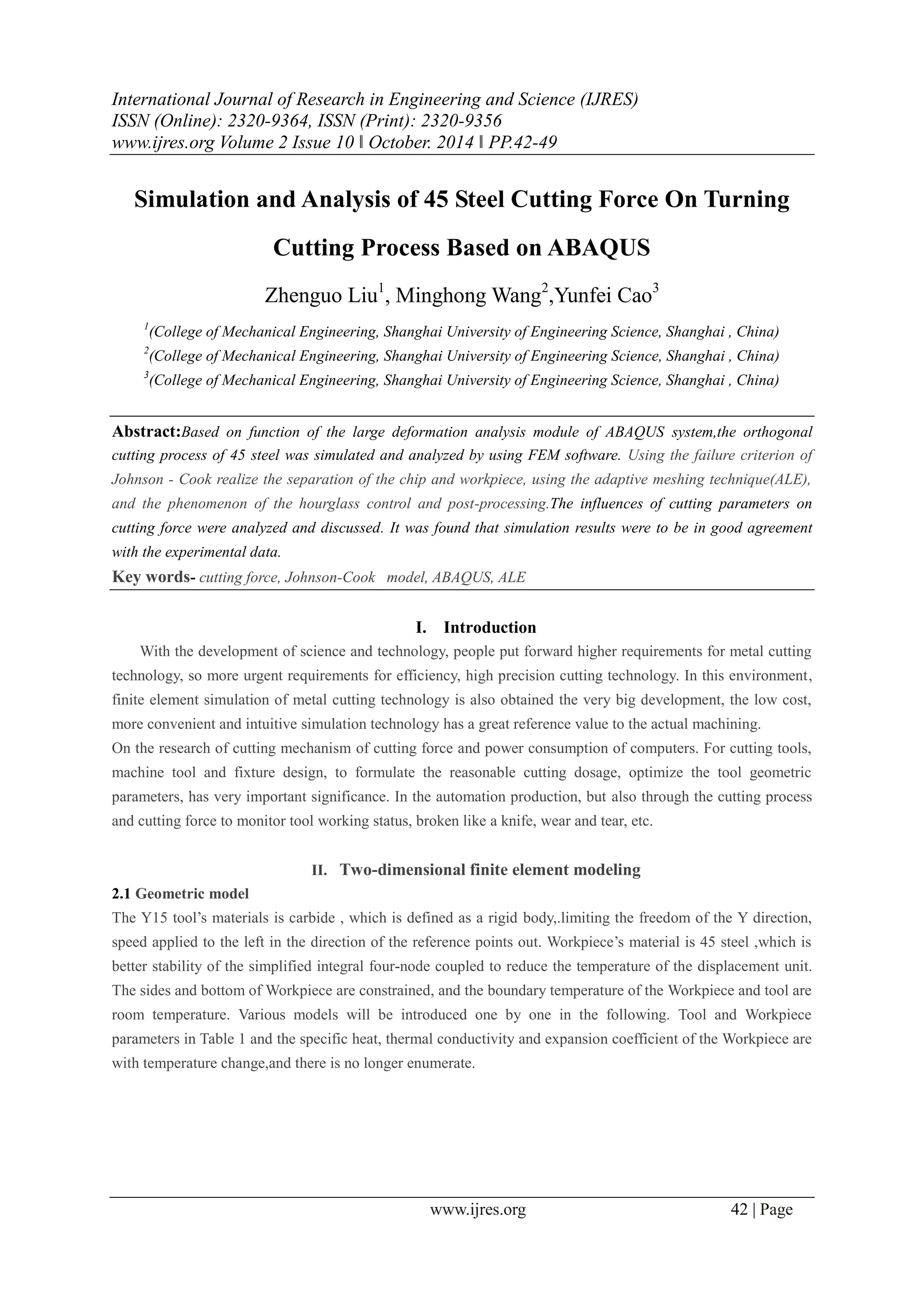 Simulation and Analysis of 45 Steel Cutting Force On Turning Cutting Process Based on ABAQUS | PDF