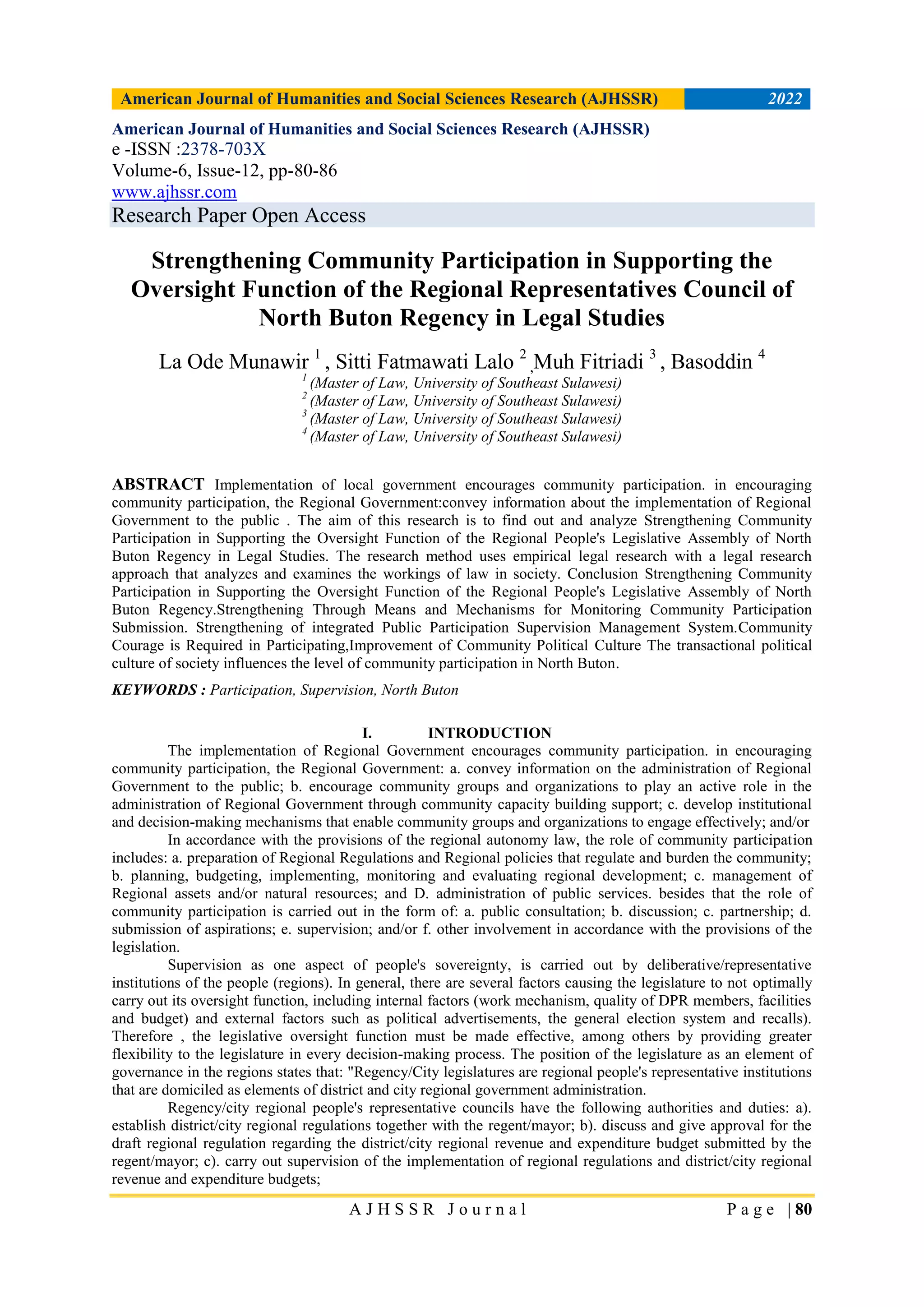 Strengthening Community Participation in Supporting the Oversight Function of the Regional ...