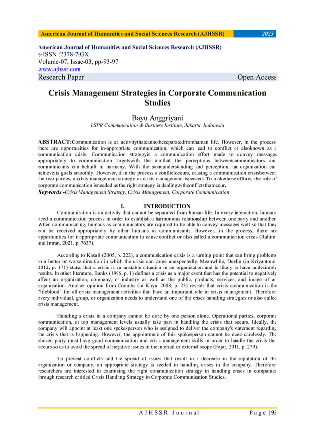 Crisis Management Strategies in Corporate Communication Studies | PDF