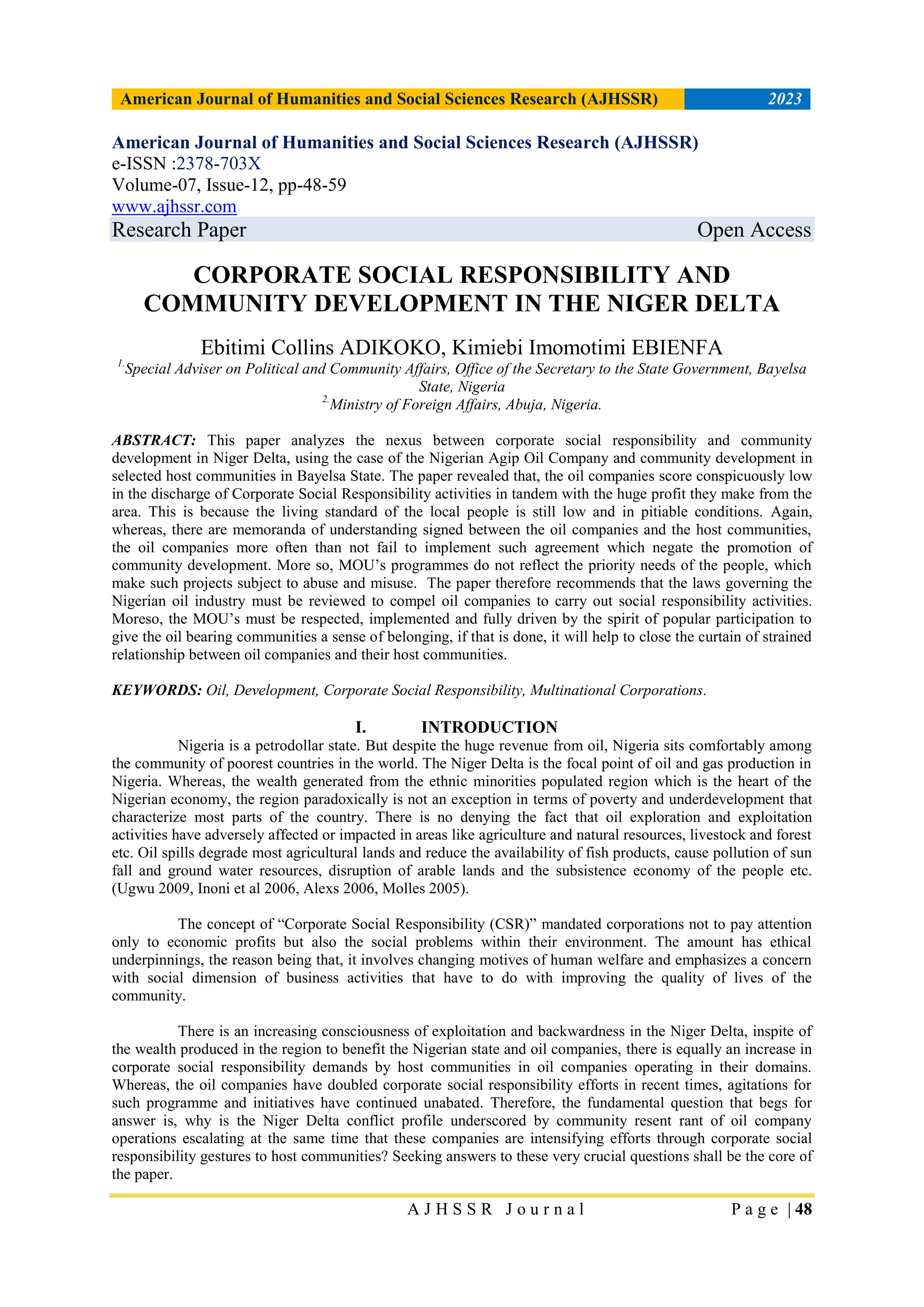 CORPORATE SOCIAL RESPONSIBILITY AND COMMUNITY DEVELOPMENT IN THE NIGER DELTA | PDF