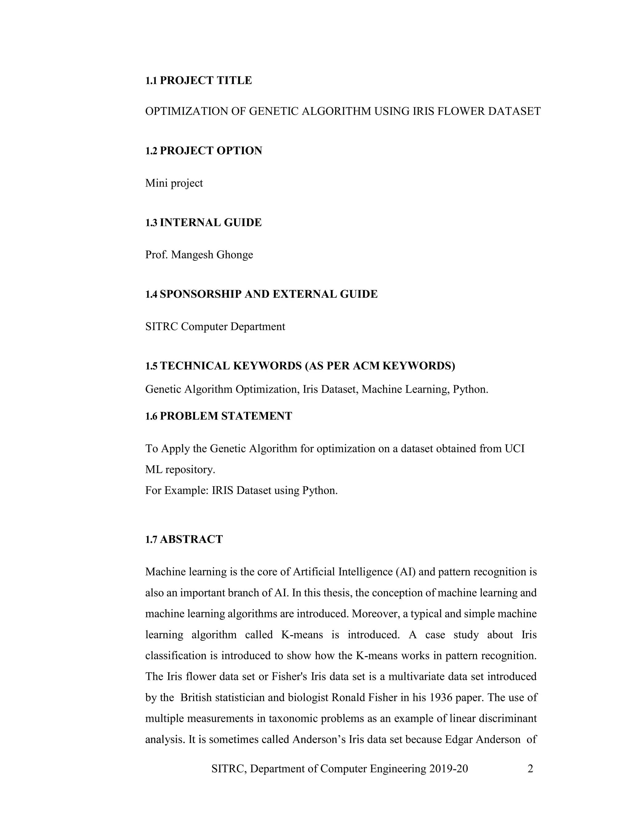 Genetic Algorithm for optimization on IRIS Dataset REPORT pdf | PDF