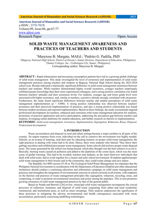 SOLID WASTE MANAGEMENT AWARENESS AND PRACTICES OF TEACHERS AND STUDENTS ...