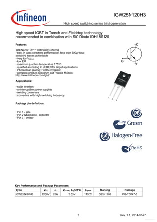 Original IGBT IGW25N120 G25H1203 25A 1200V TO-3P New | PDF