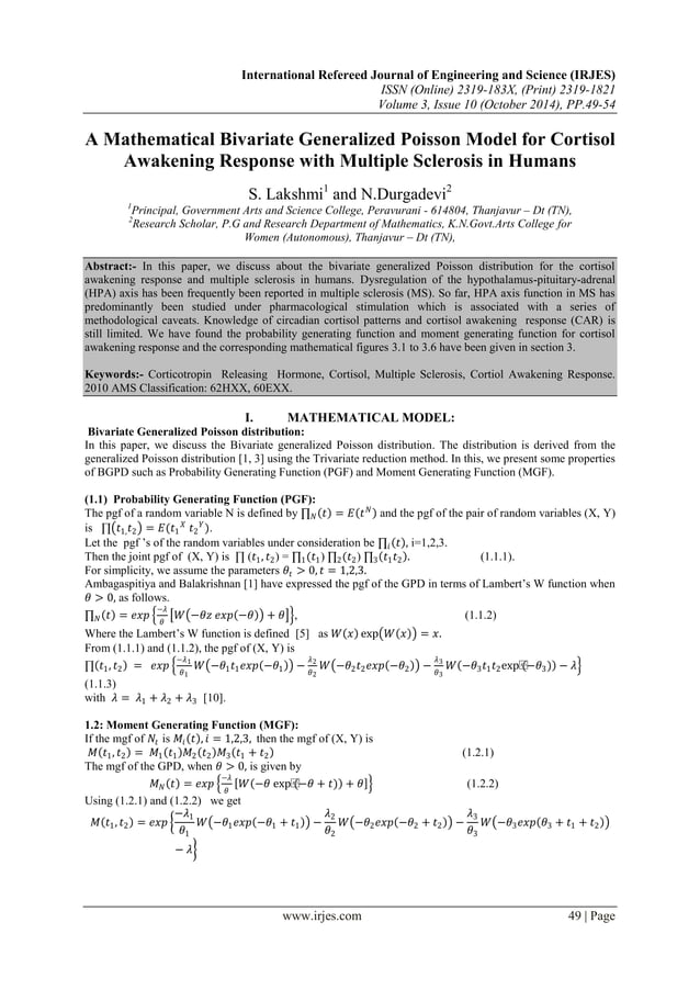 A Mathematical Bivariate Generalized Poisson Model for Cortisol ...