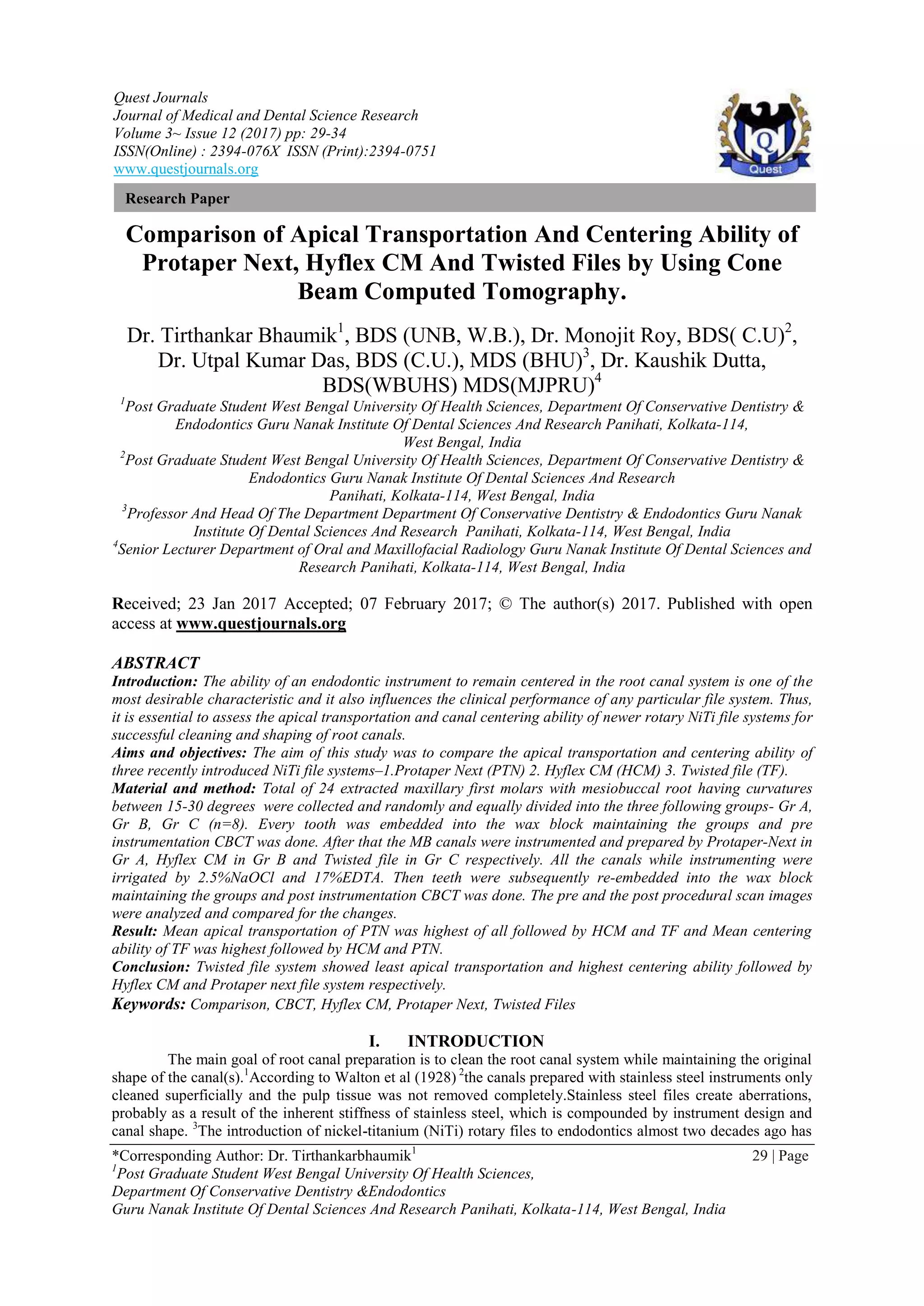 Comparison of Apical Transportation And Centering Ability of Protaper ...
