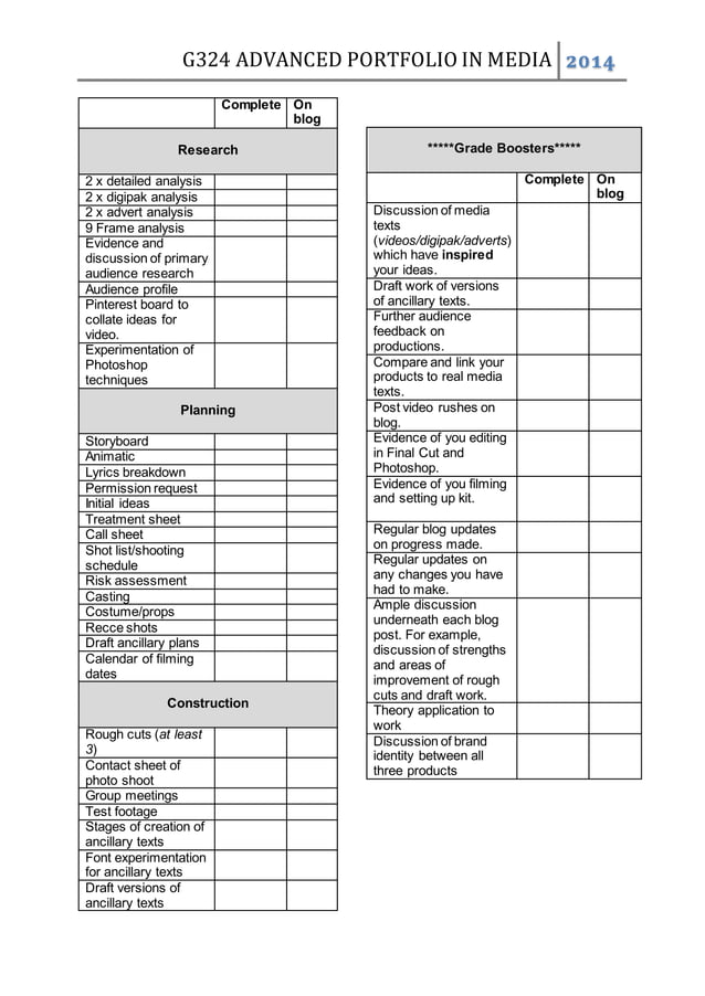 G324 coursework checklist | PDF