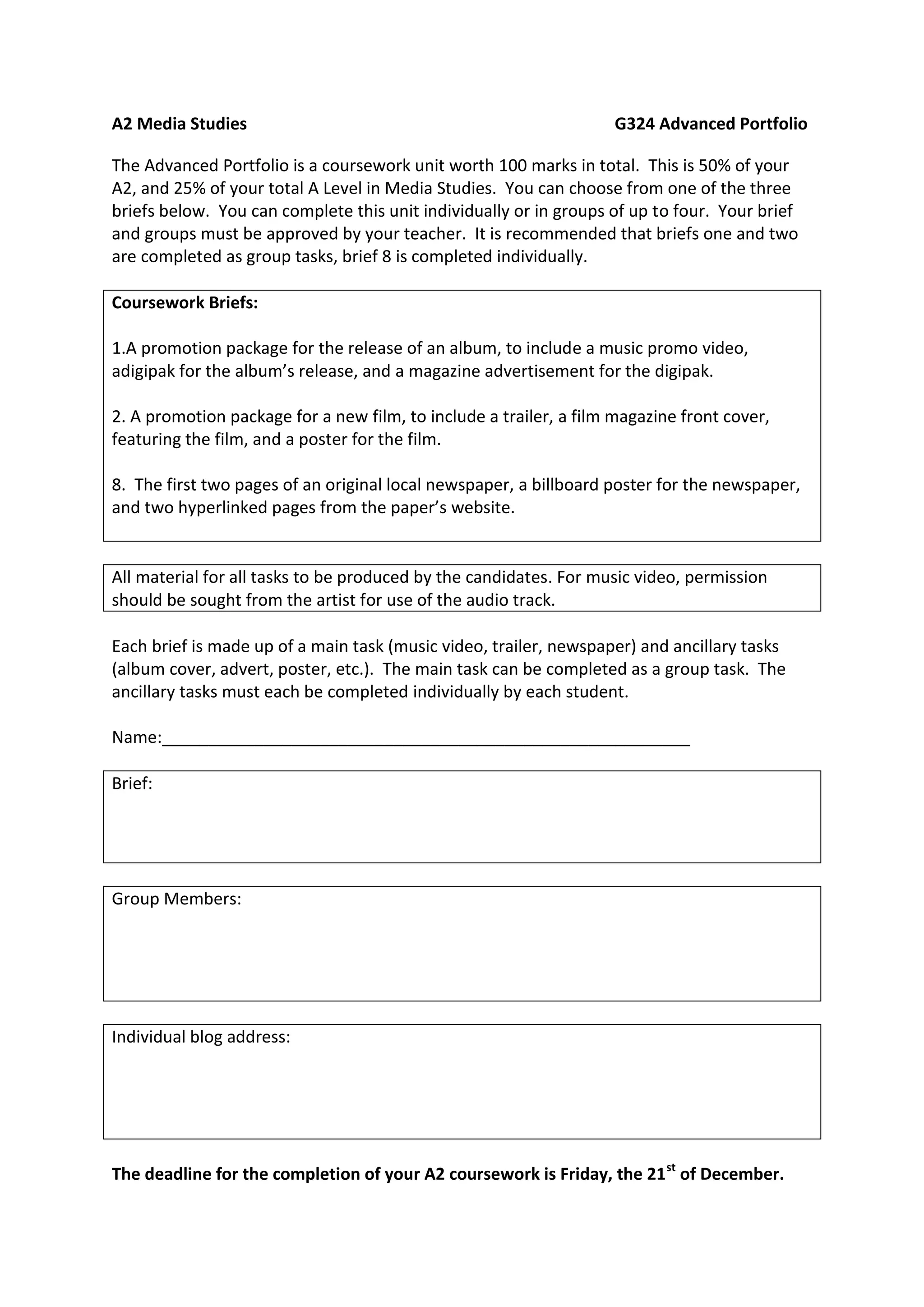 G324 advanced portfolio briefs and assessment criteria | PDF