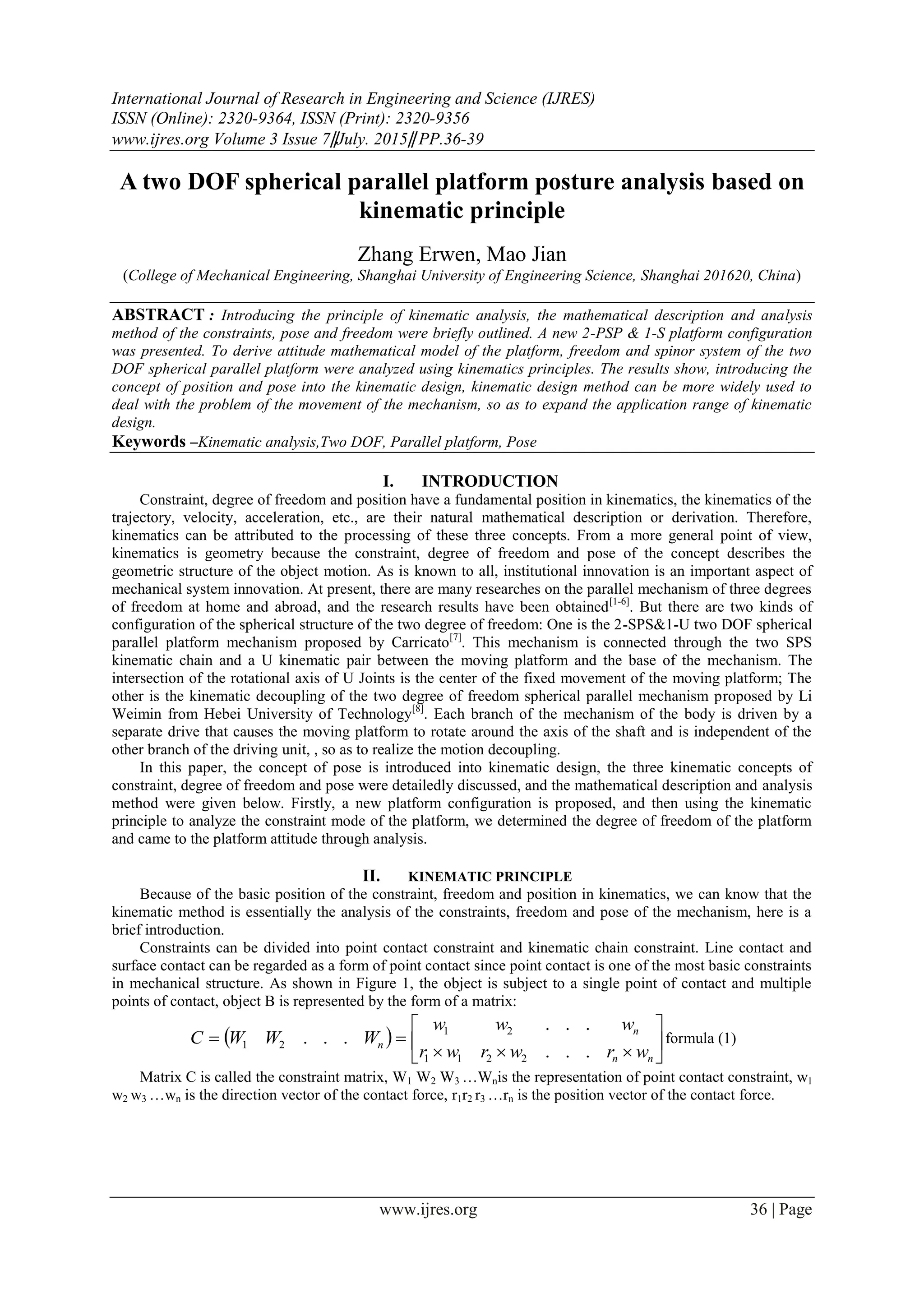 A two DOF spherical parallel platform posture analysis based on kinematic principle | PDF