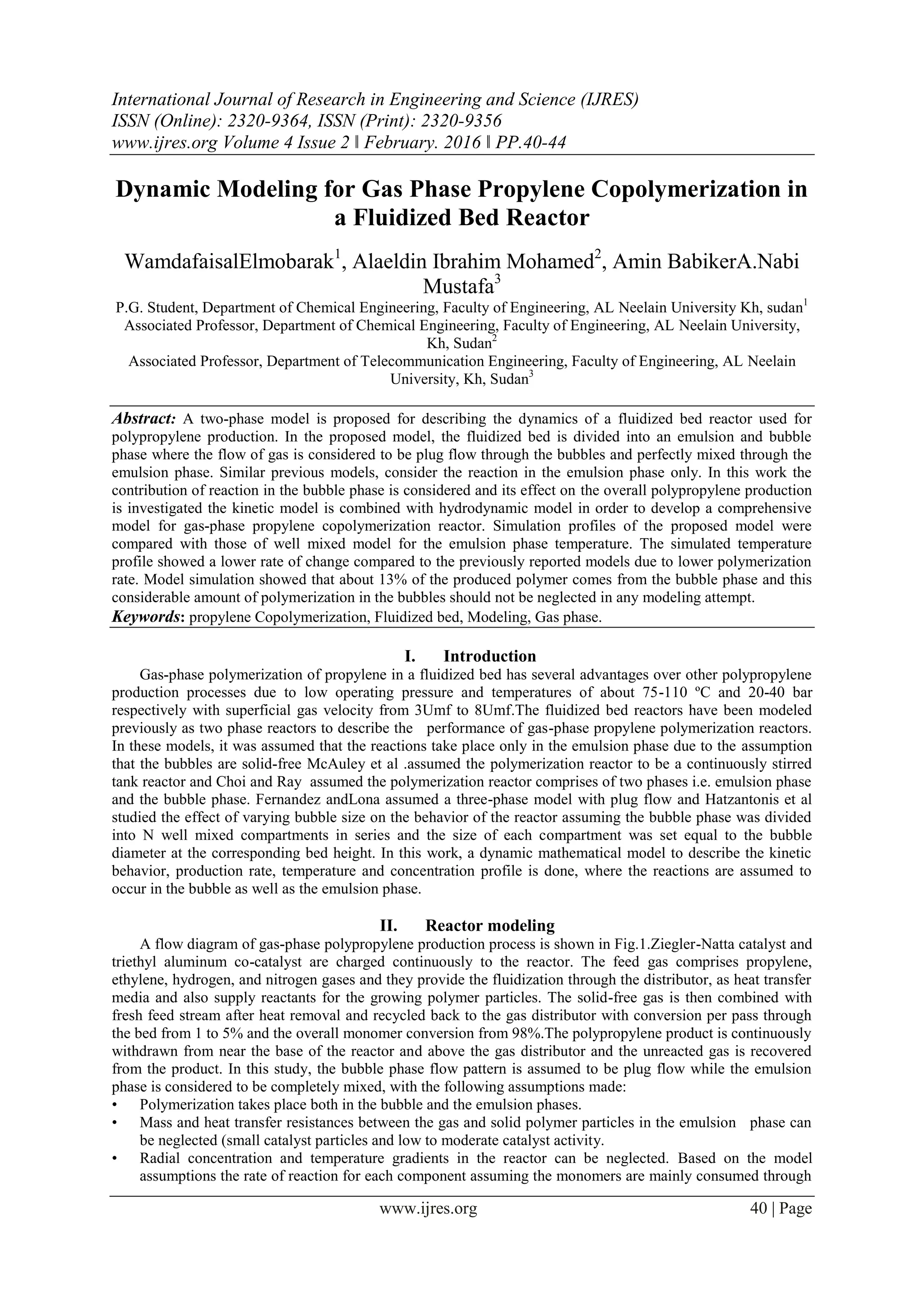 Dynamic Modeling For Gas Phase Propylene Copolymerization In A Fluidized Bed Reactor Pdf