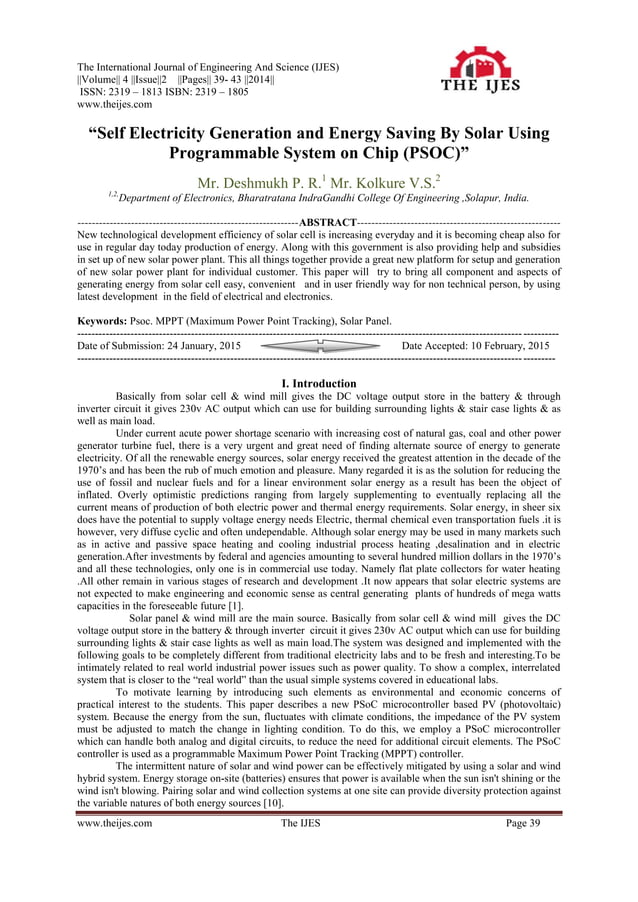 Self Electricity Generation and Energy Saving By Solar Using Programmable System on Chip (PSOC ...