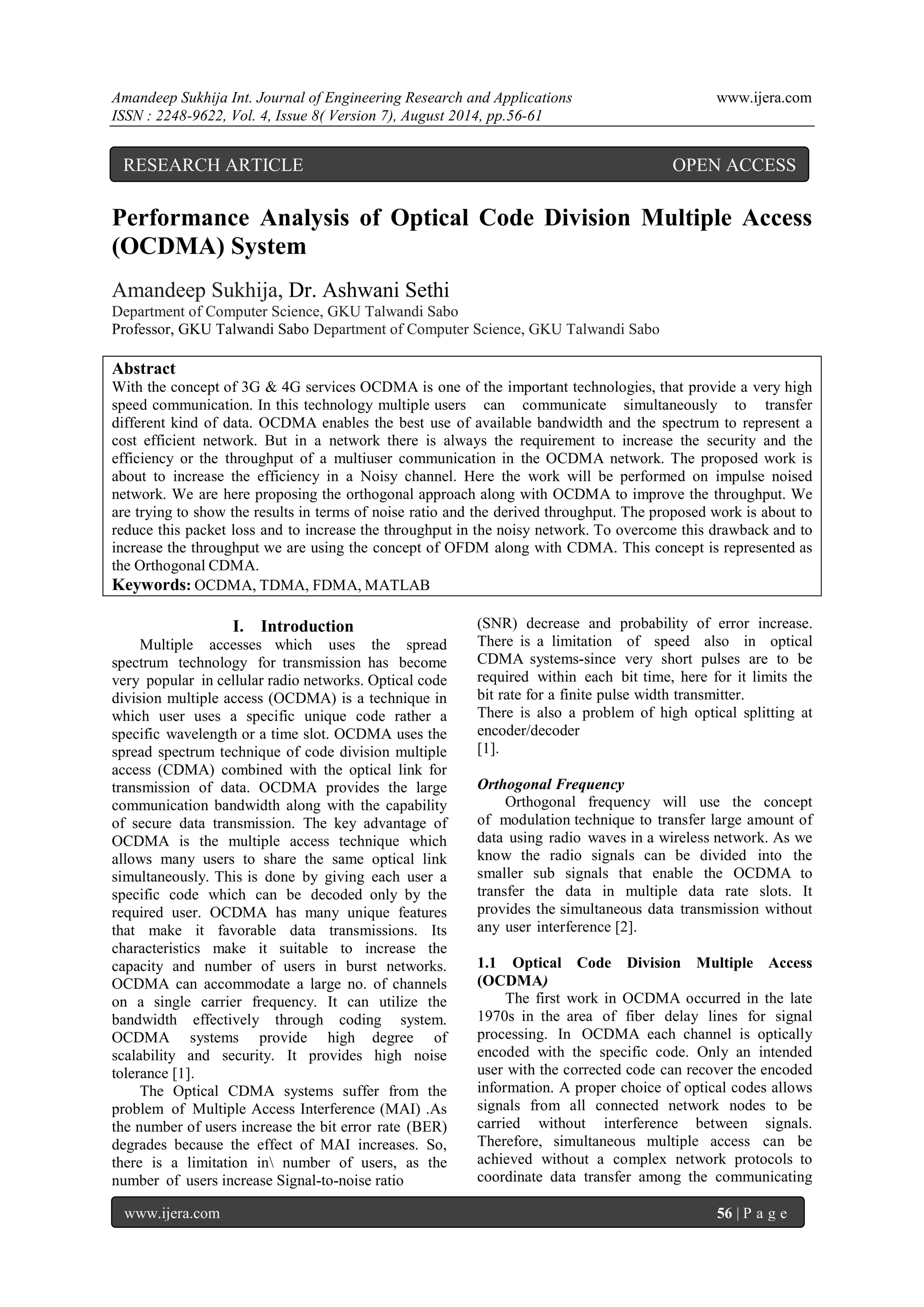 Performance Analysis of Optical Code Division Multiple Access (OCDMA) System | PDF