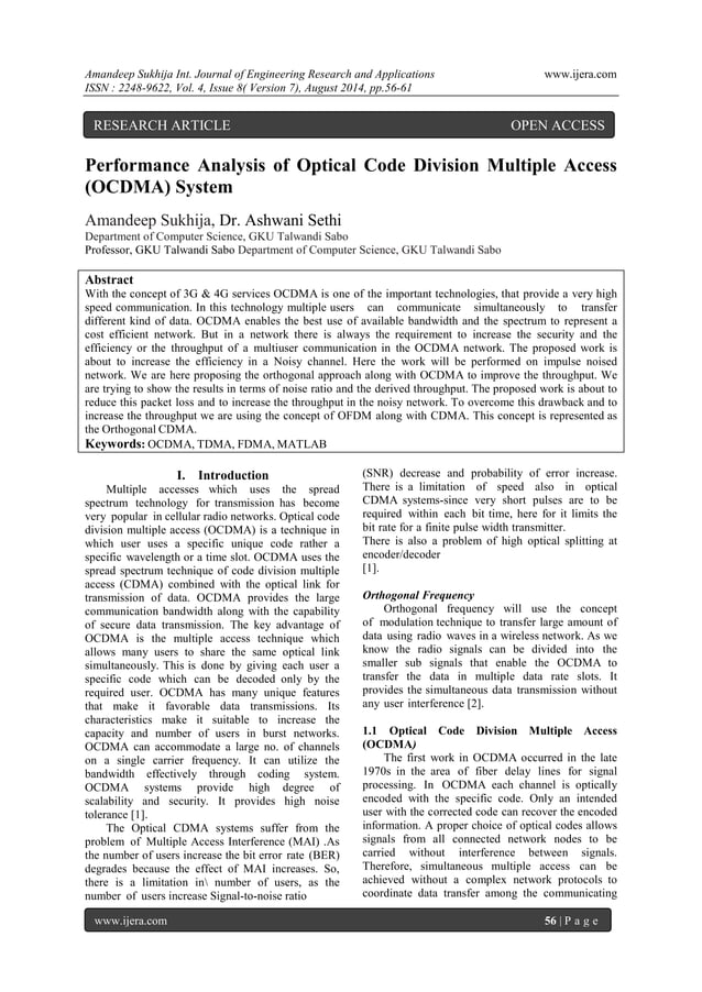 Performance Analysis of Optical Code Division Multiple Access (OCDMA) System | PDF