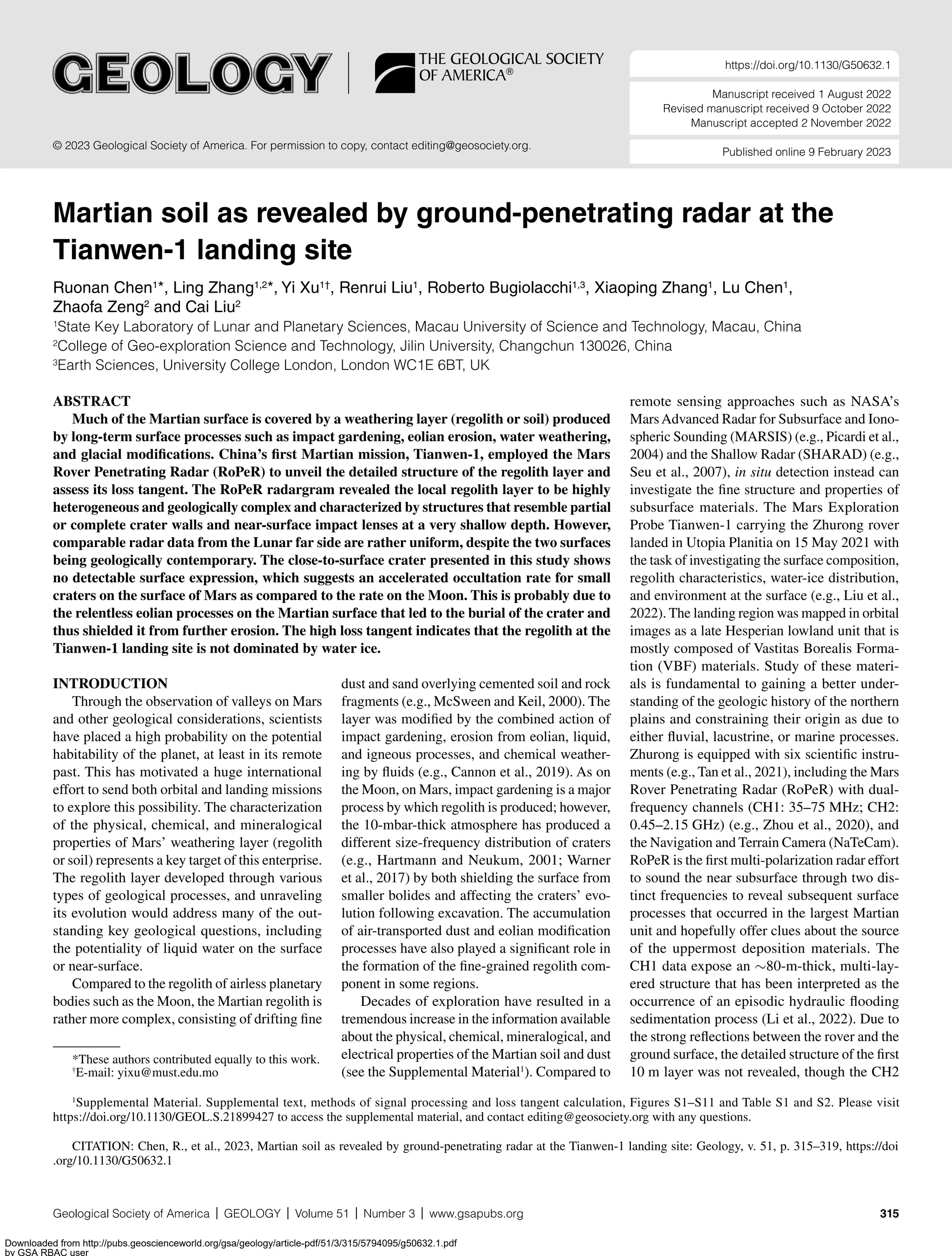 Martian soil as revealed by ground-penetrating radar at the Tianwen-1 landing site | PDF