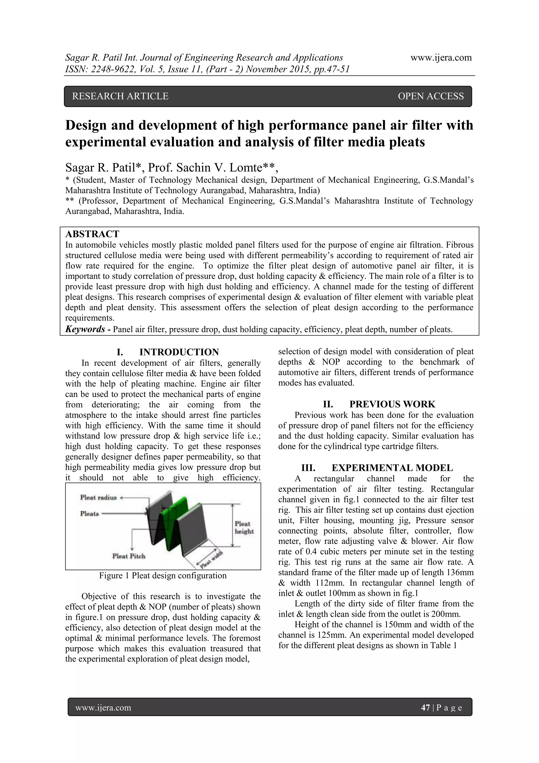 Design and development of high performance panel air filter with ...