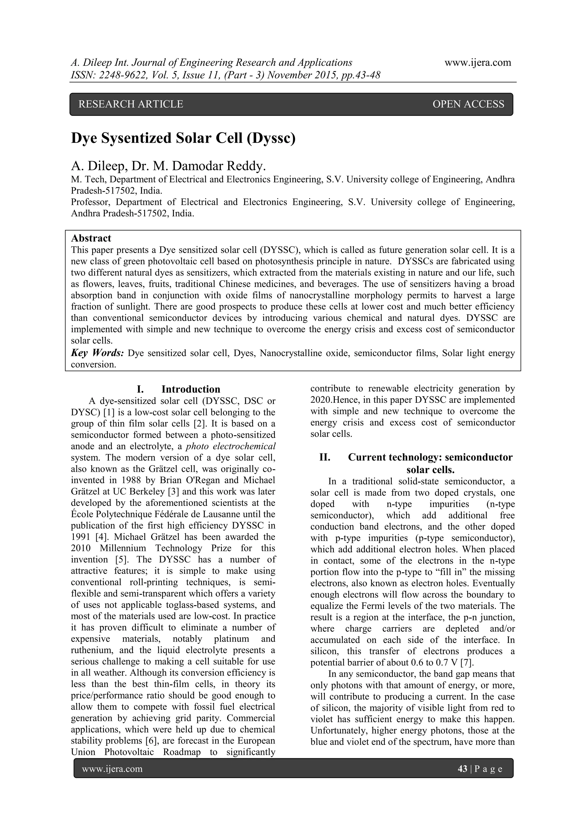 Dye Sysentized Solar Cell (Dyssc) | PDF