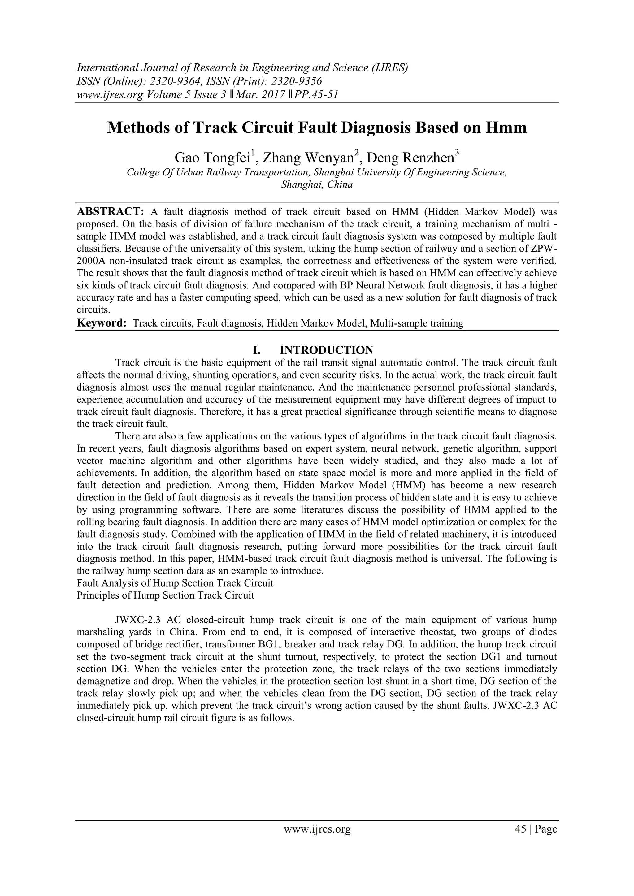 Methods of Track Circuit Fault Diagnosis Based on Hmm | PDF