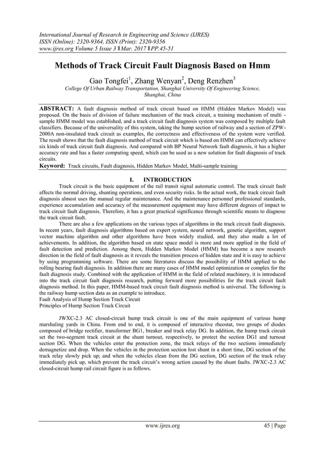 Methods of Track Circuit Fault Diagnosis Based on Hmm | PDF