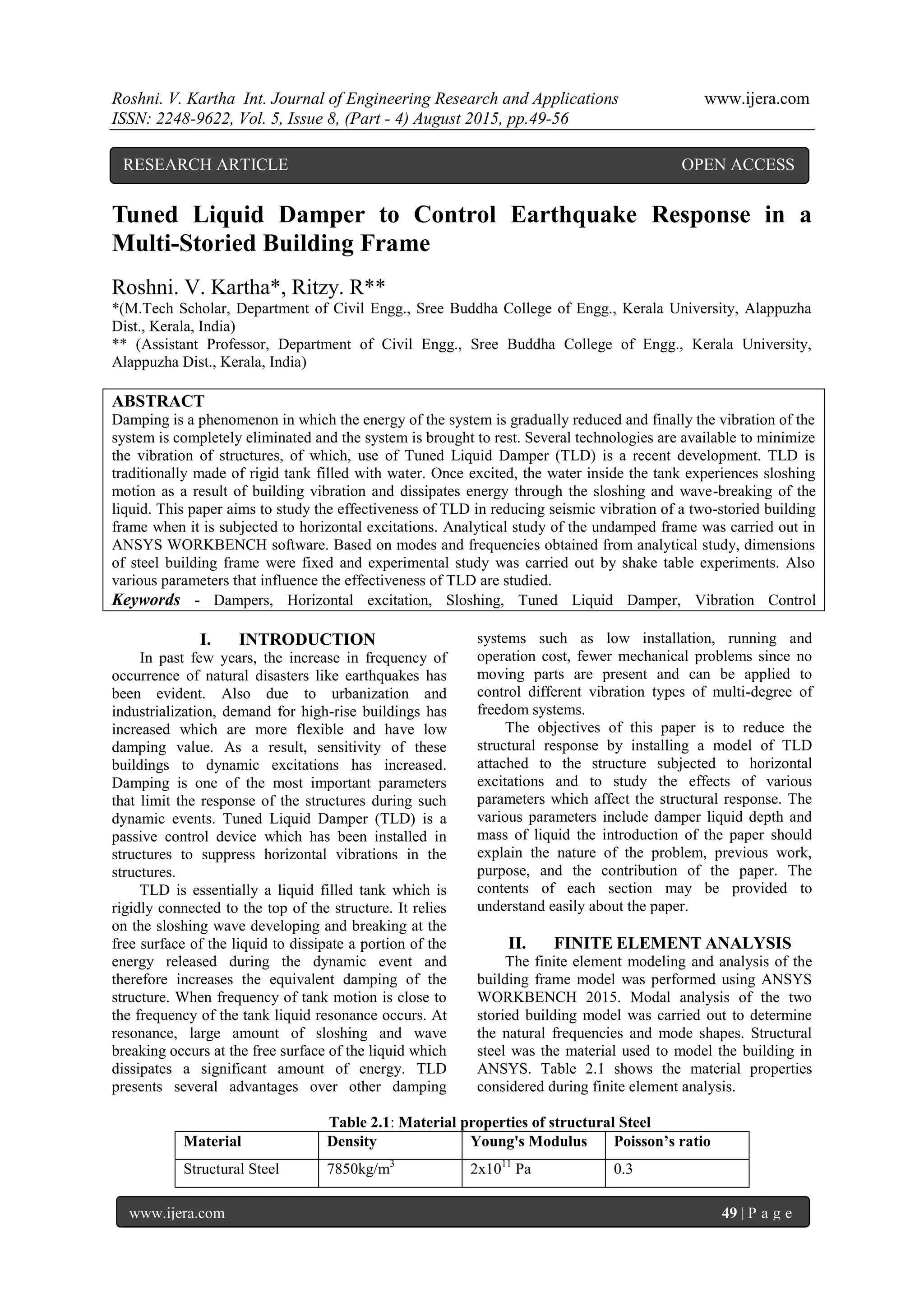 Tuned Liquid Damper to Control Earthquake Response in a Multi-Storied Building Frame | PDF