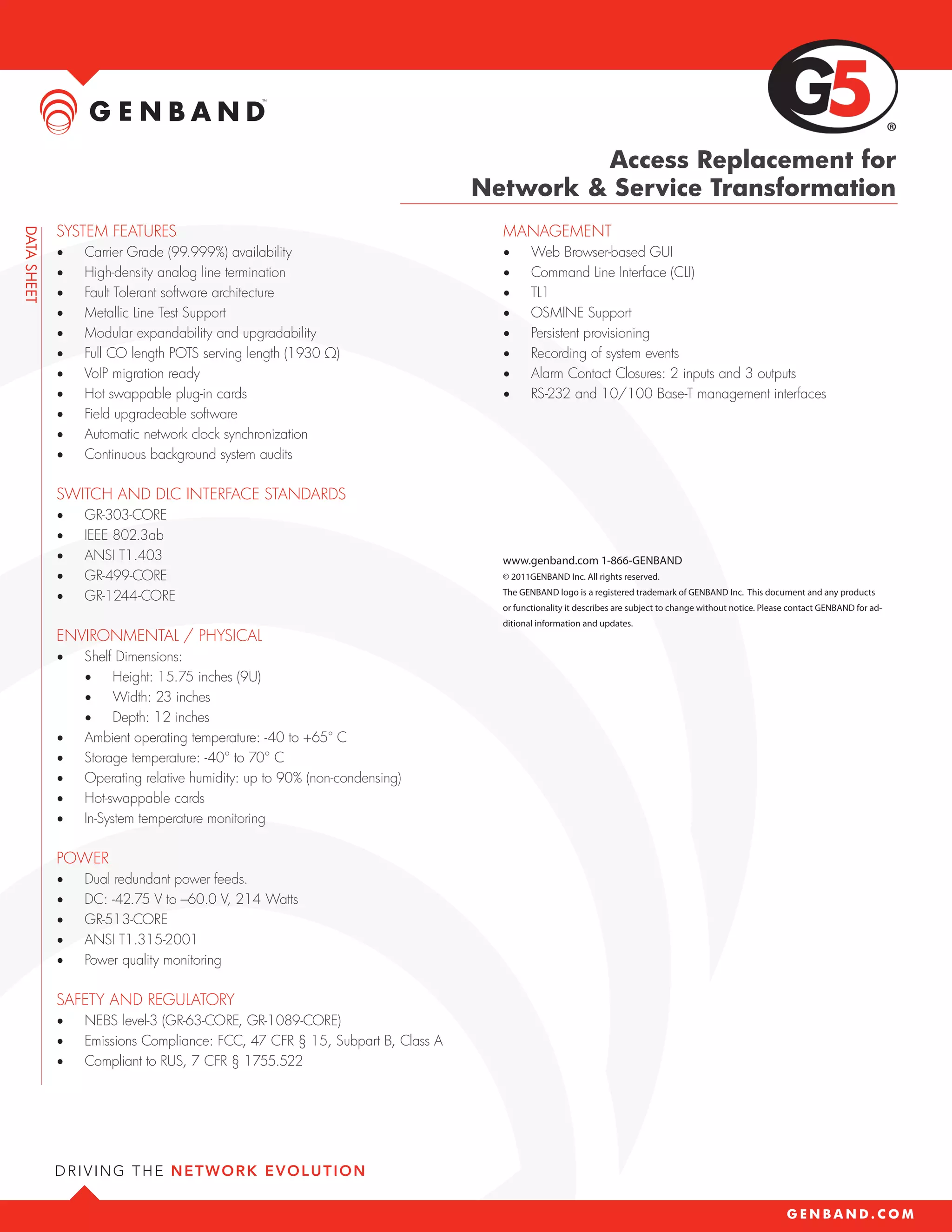 GENBAND G5 Access Replacement datasheet | PDF