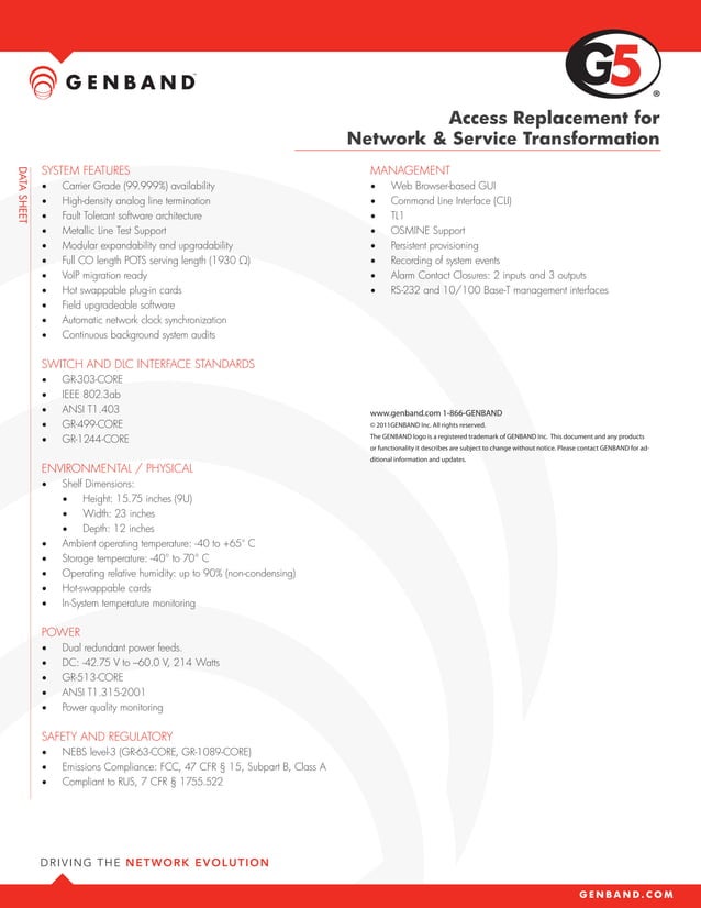 GENBAND G5 Access Replacement datasheet | PDF