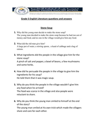 Grade 5 English literature stone soup questions | PDF