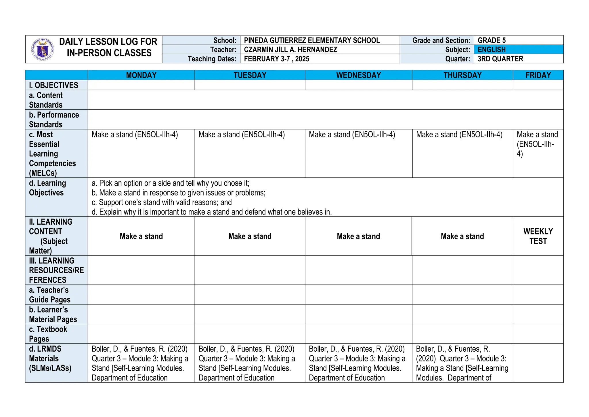 G5 Q3W7 DLL ENGLISH (MELCs) LESSON PLAN ENGLISH | DOCX