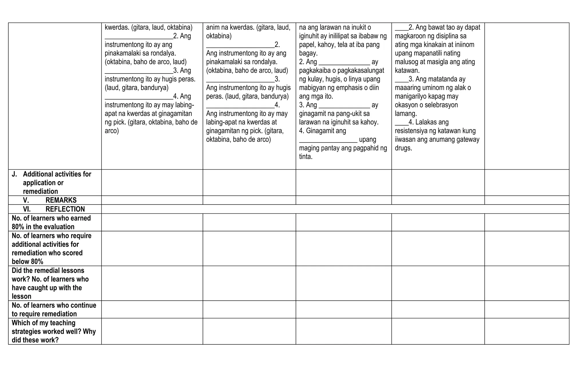 daily lesson log in mapeh third quarter perio | DOCX