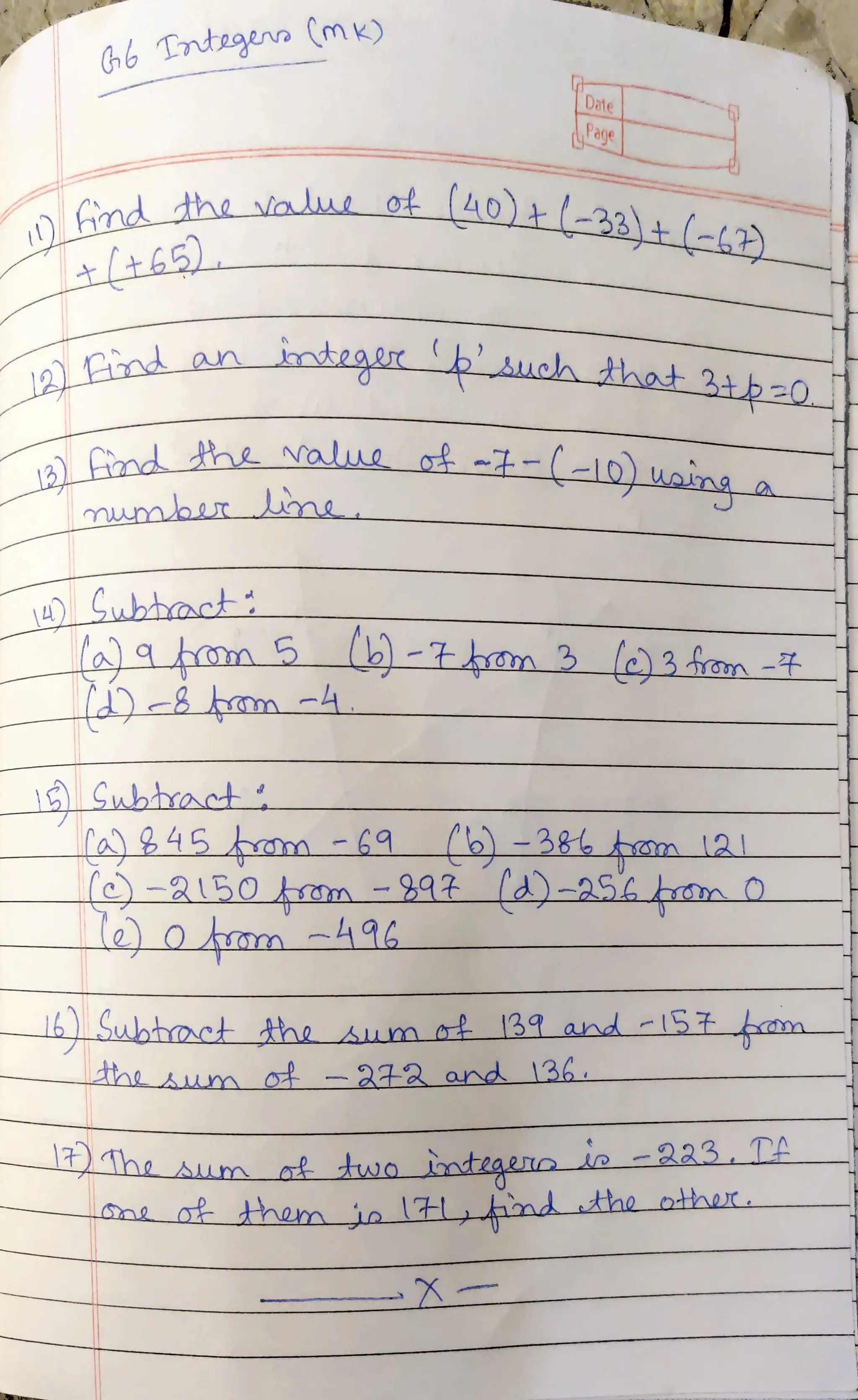 CBSE Grade 6 Mathematics Integers Worksheet (MK) | PDF