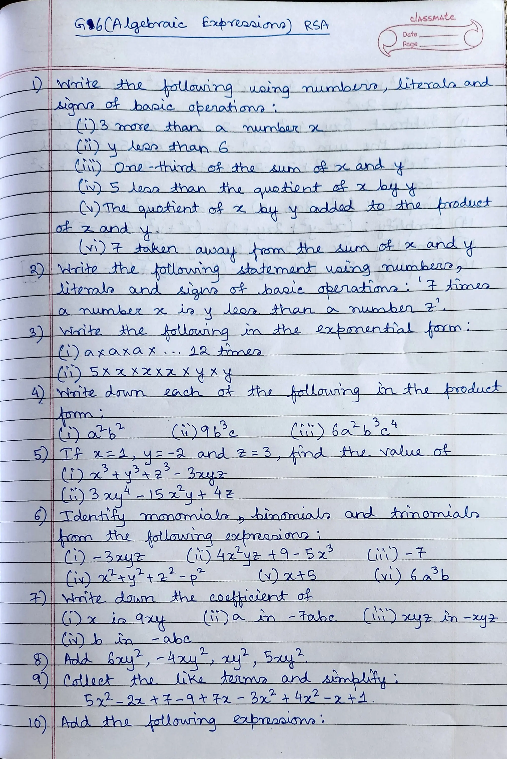 CBSE Grade 6 Mathematics Algebraic Expressions Worksheet (RSA) | PDF