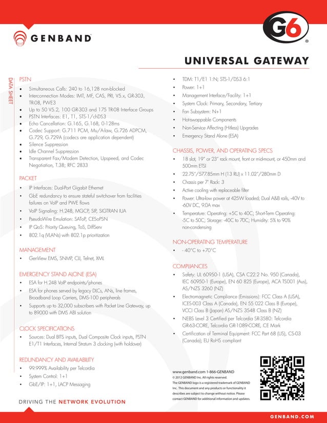 GENBAND G6 datasheet | PDF | Computer Networking | Computing