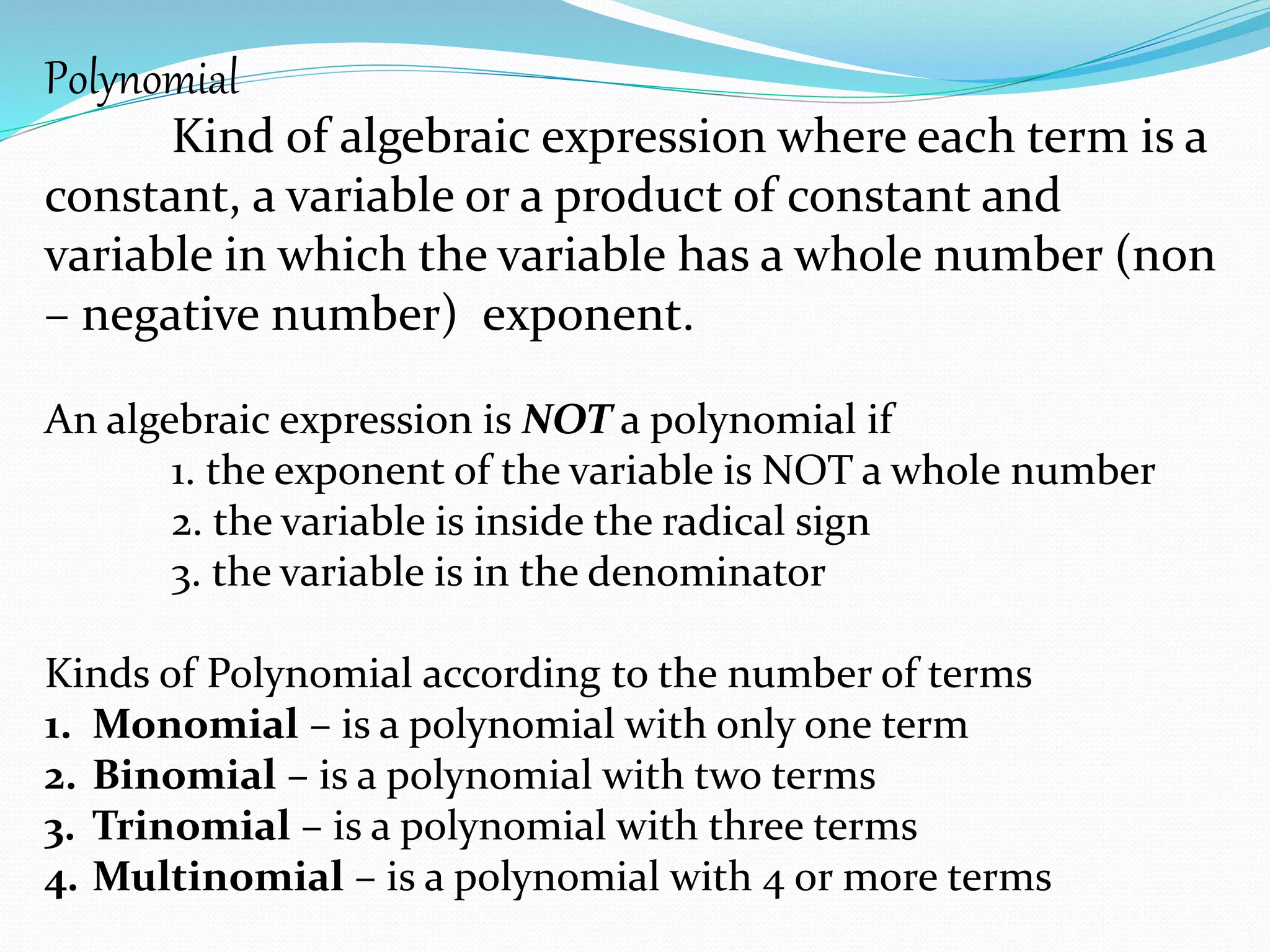 Polynomials Mathematics Grade 7 | PPTX