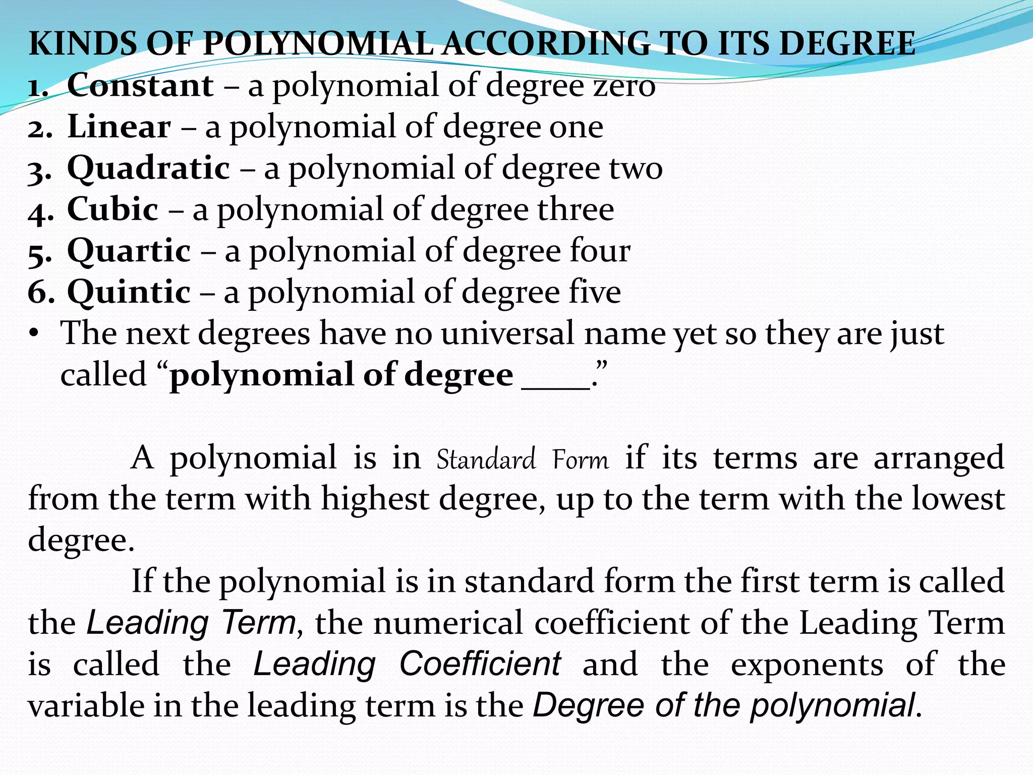 Polynomials Mathematics Grade 7 | PPTX