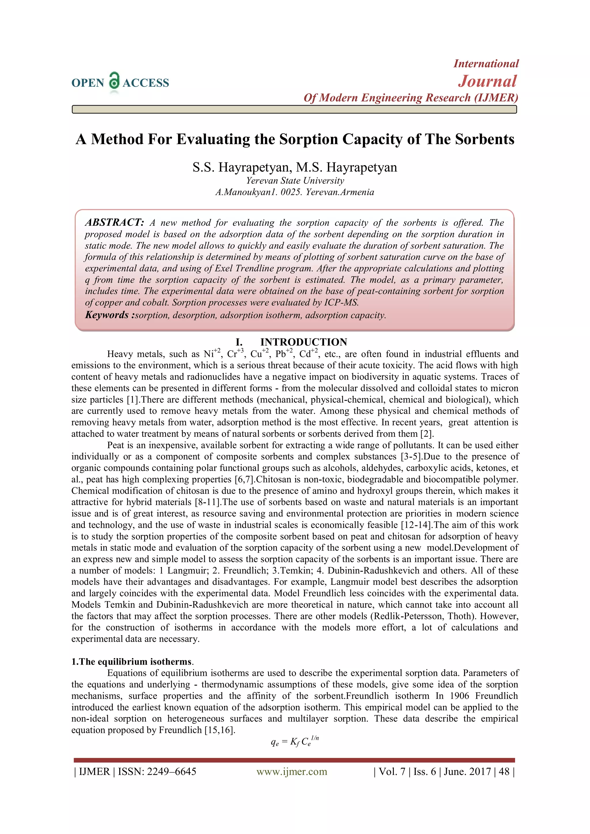 A Method For Evaluating the Sorption Capacity of The Sorbents | PDF