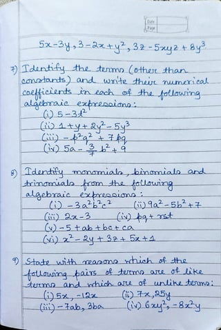 ICSE Grade 7 Mathematics Algebraic Expressions Worksheet (MLA) | PDF
