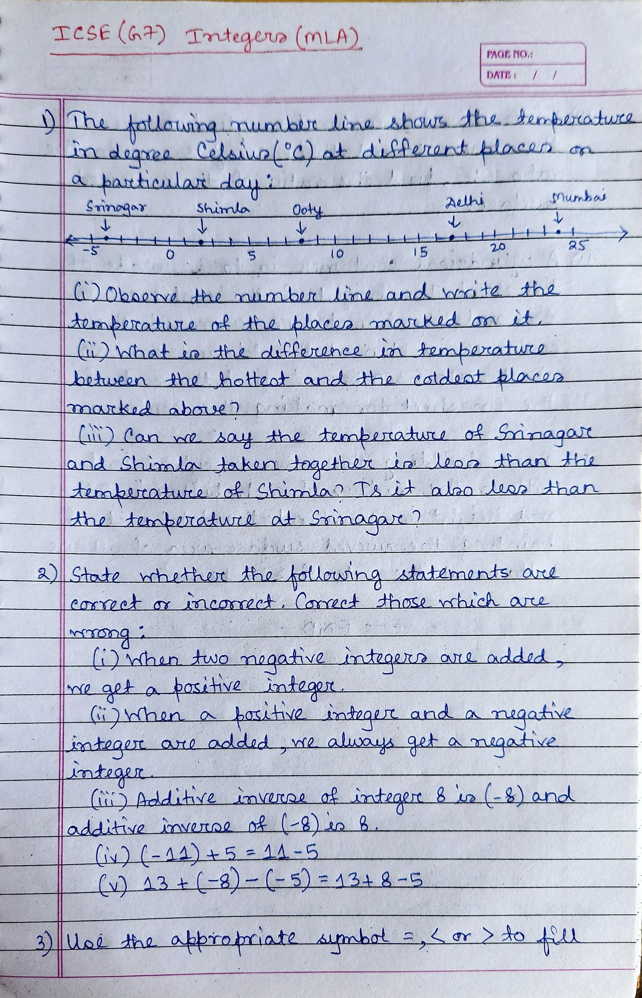 ICSE Grade 7 Mathematics Integers Worksheet (MLA) | PDF